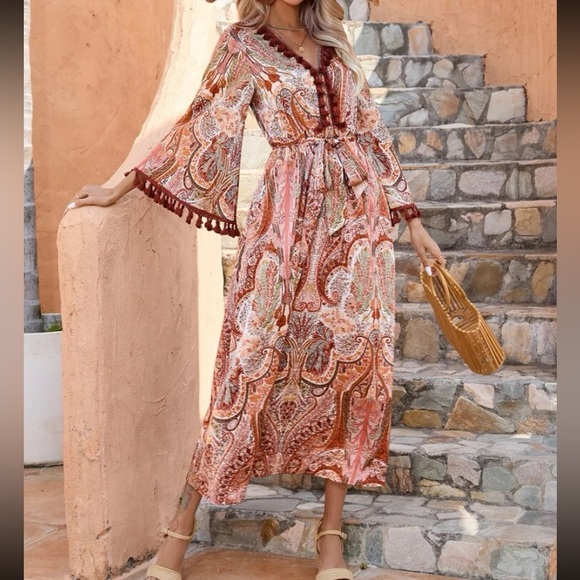 Dresses | Boho Paisley Print Tassel Trim Maxi Dress | Poshmark